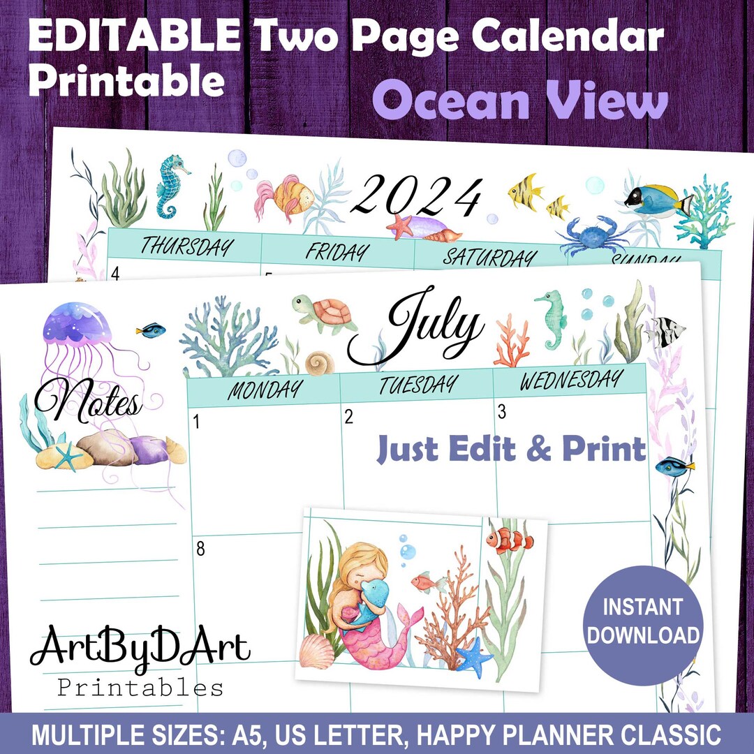EDITABLE Mermaid Theme Printable Monthly Calendar for A5, US Letter ...