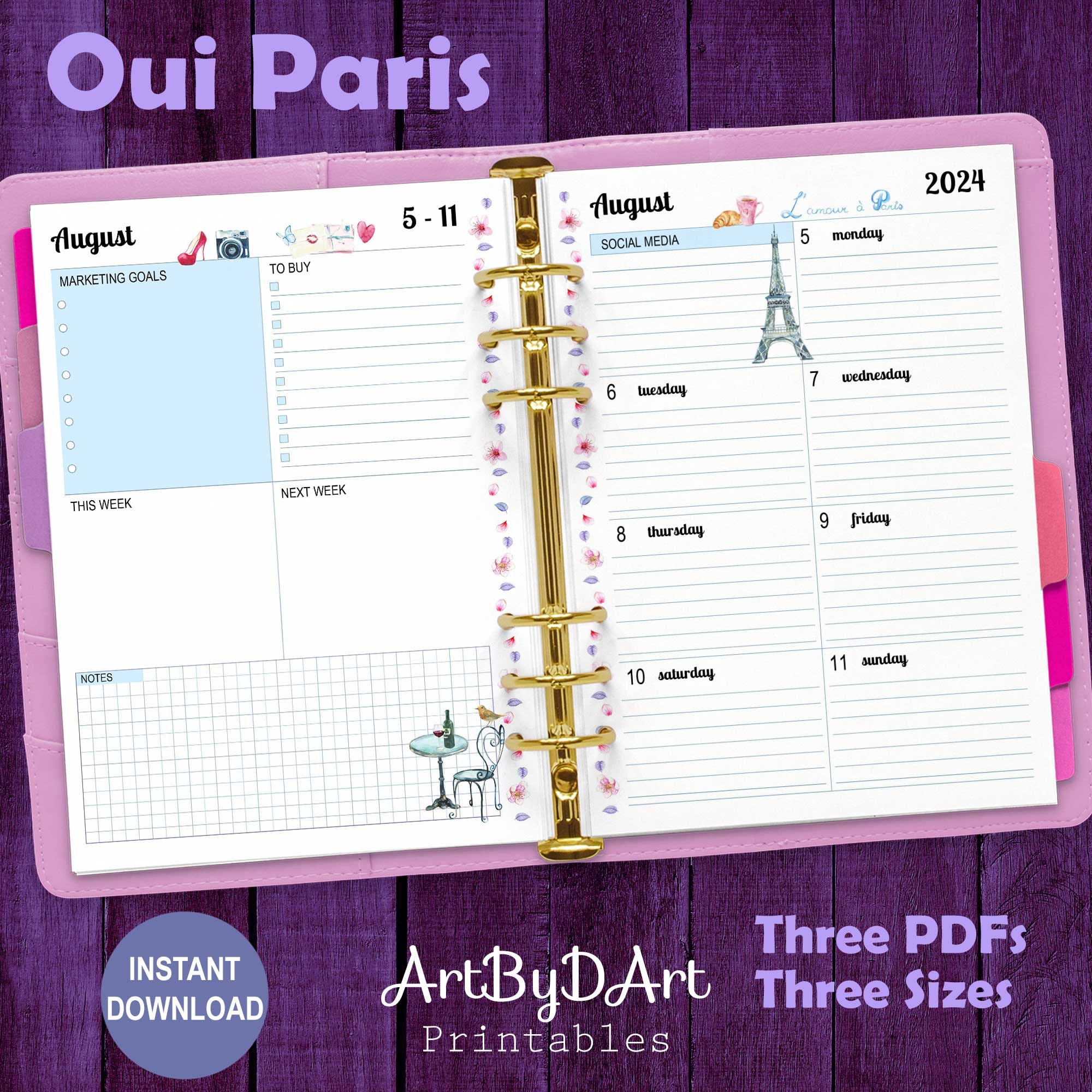 EDITABLE Parisian Theme Printable Weekly Dashboard for A5, US Letter ...