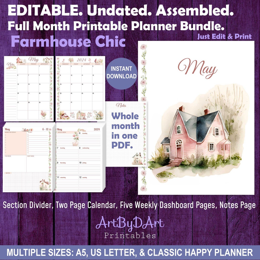 EDITABLE Assembled Full Month Planner Bundle for A5, US Letter, and ...