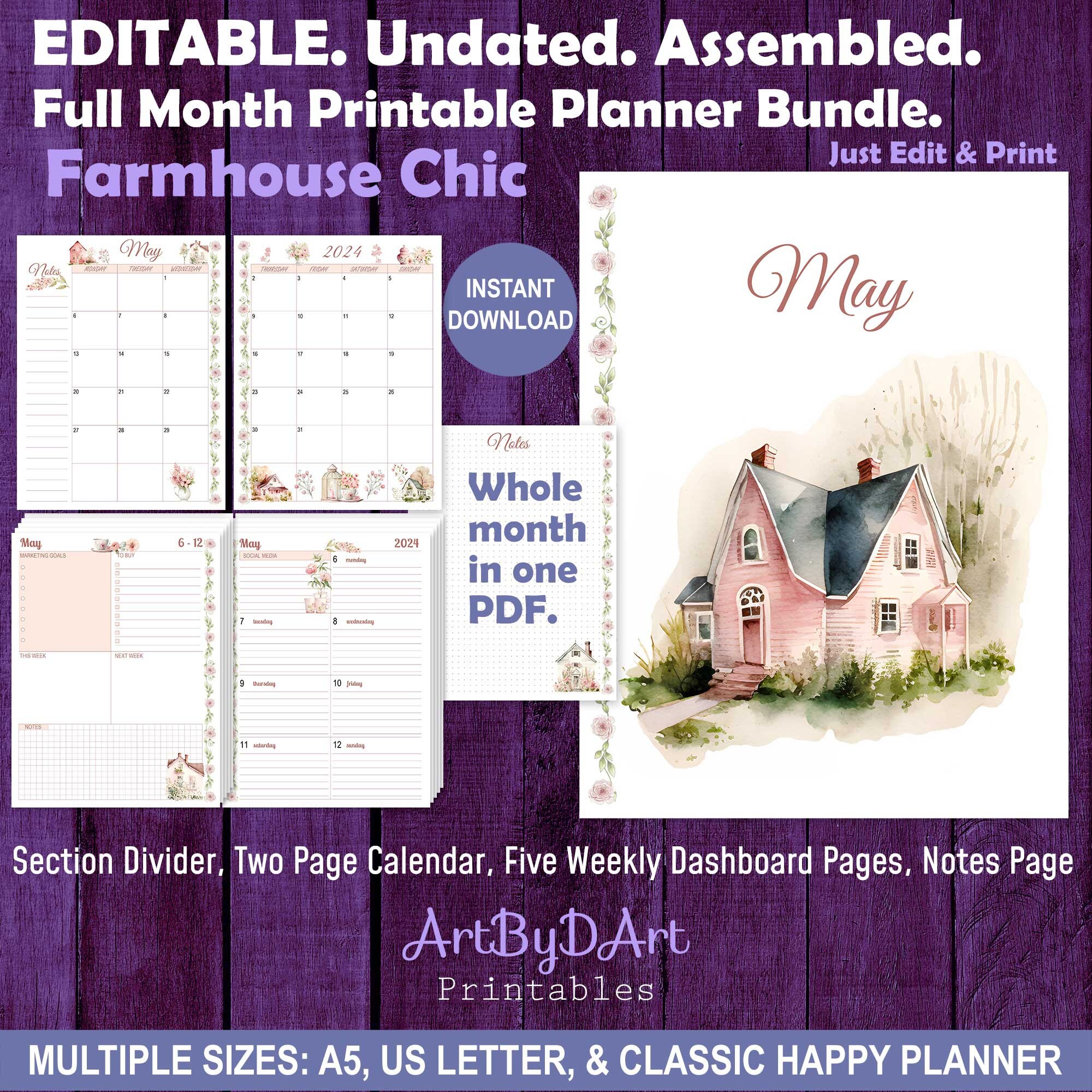 EDITABLE Assembled Full Month Planner Bundle for A5, US Letter, and ...