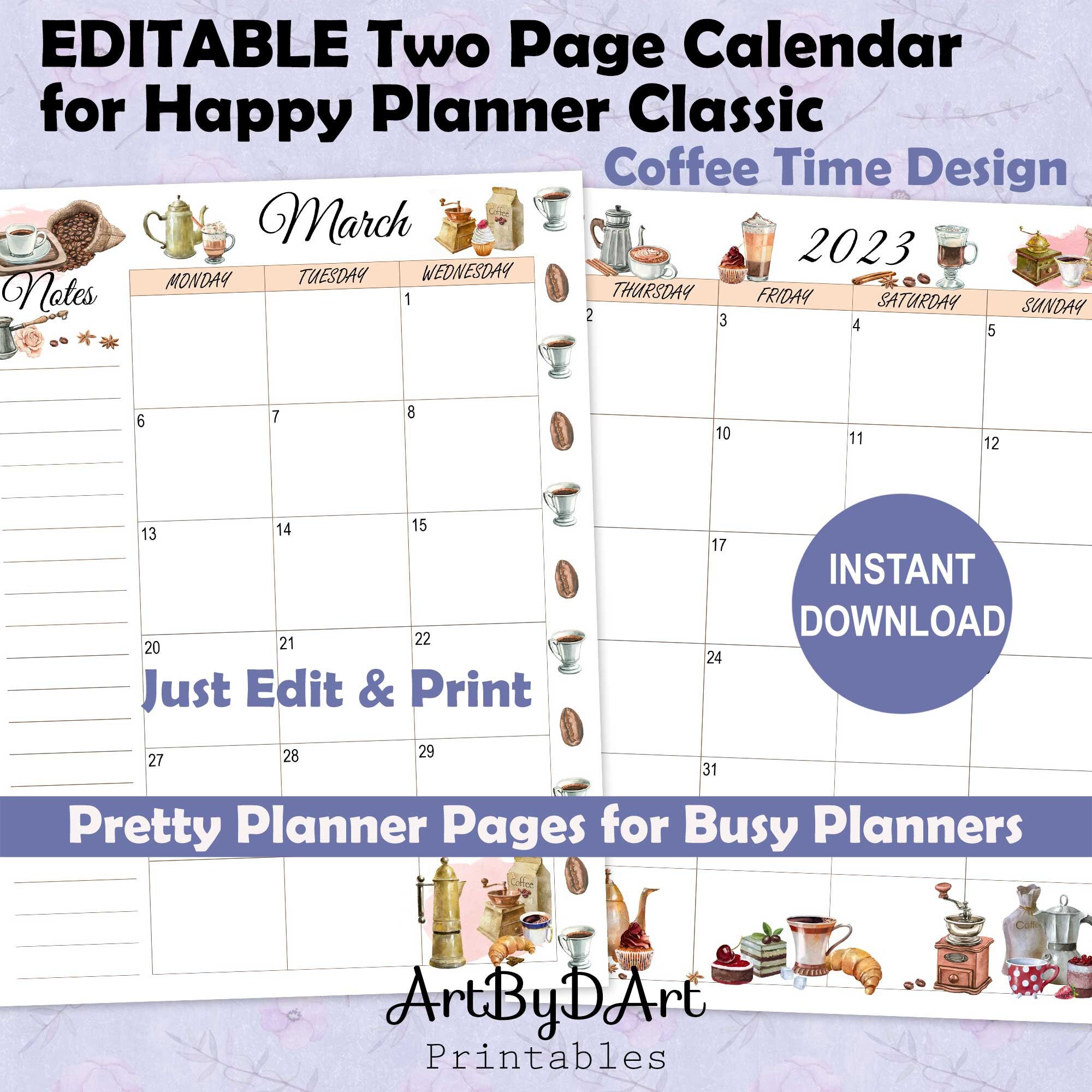 EDITABLE 2 Page Monthly Calendar Printable for Happy Planner - Etsy