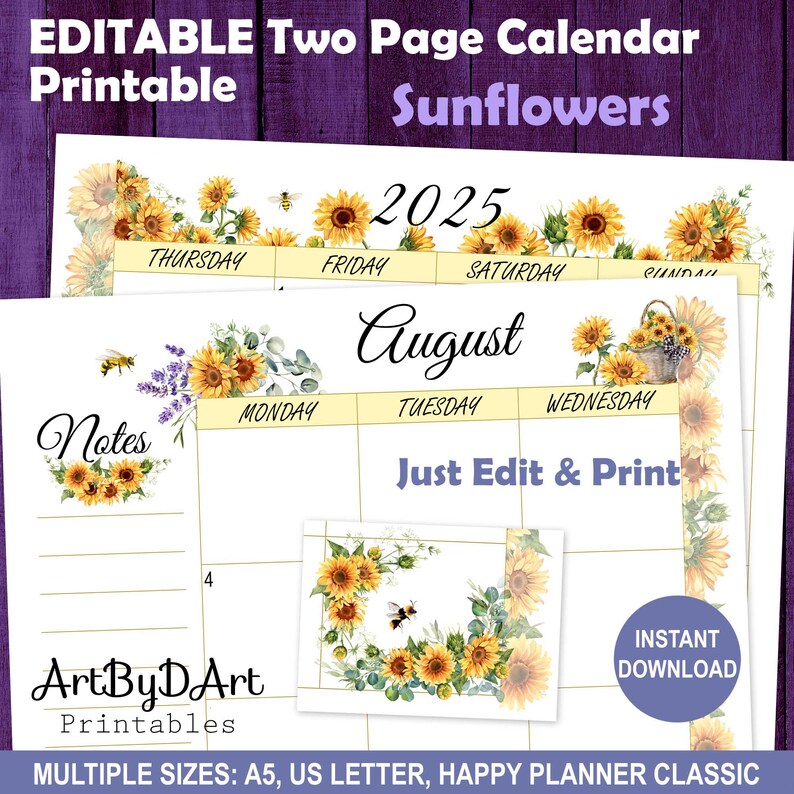 EDITABLE Floral Theme Printable Monthly Calendar for A5, US Letter, and ...