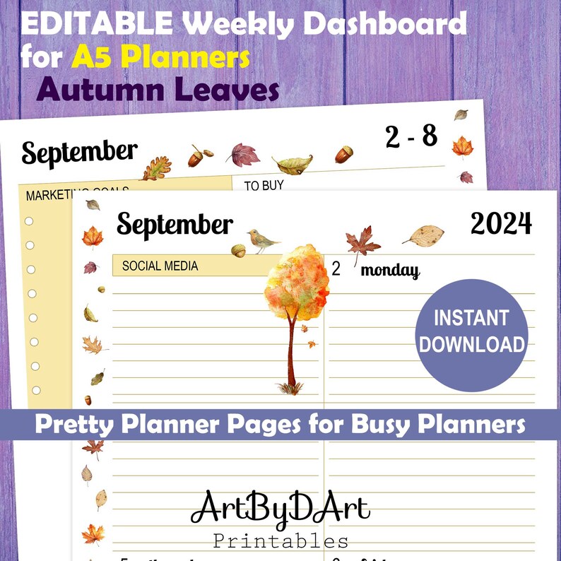EDITABLE A5 Planner Printable Dashboard Weekly Layout With Autumn ...