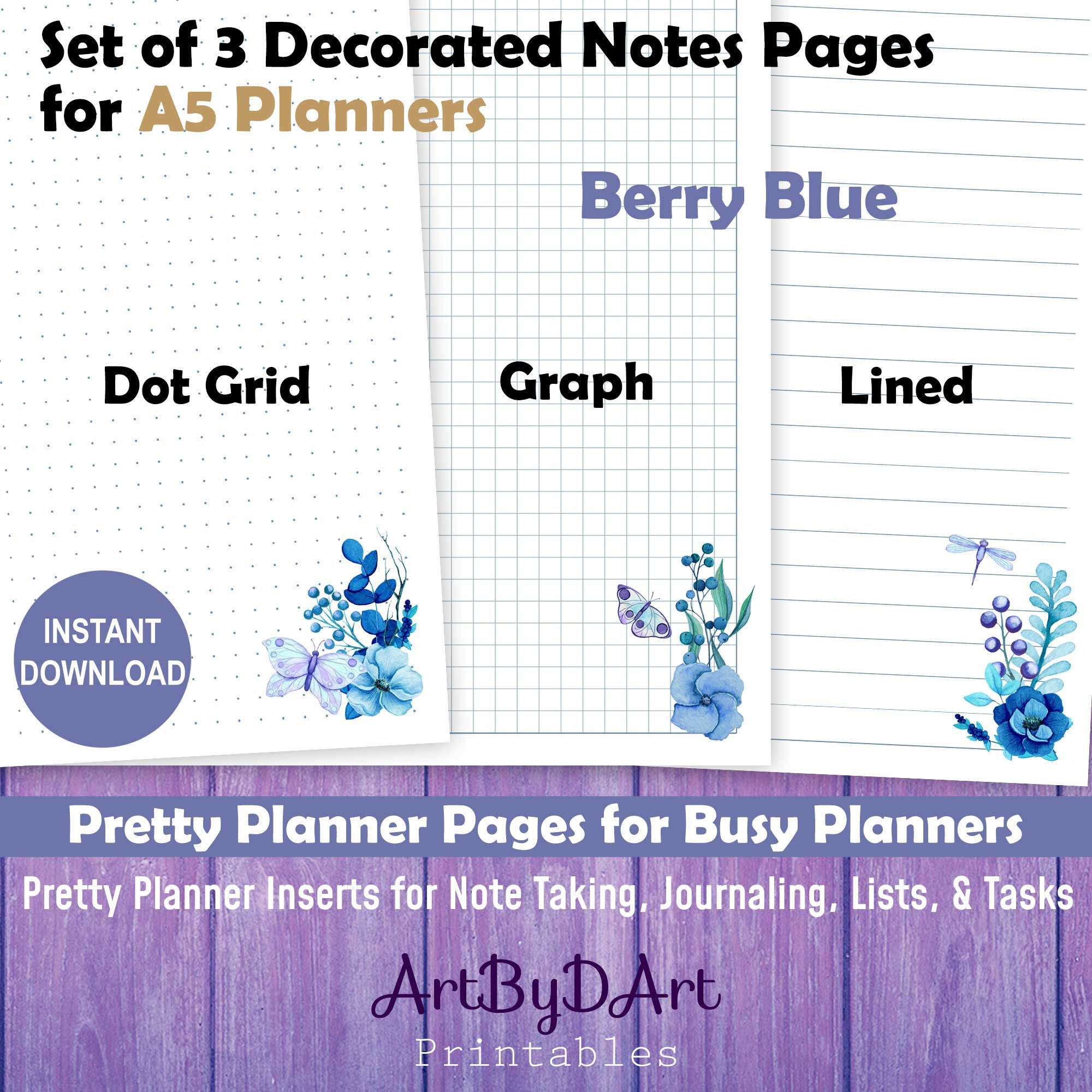 EDITABLE Planner Printable Notes Pages for A5 Planners, Berry Blue ...