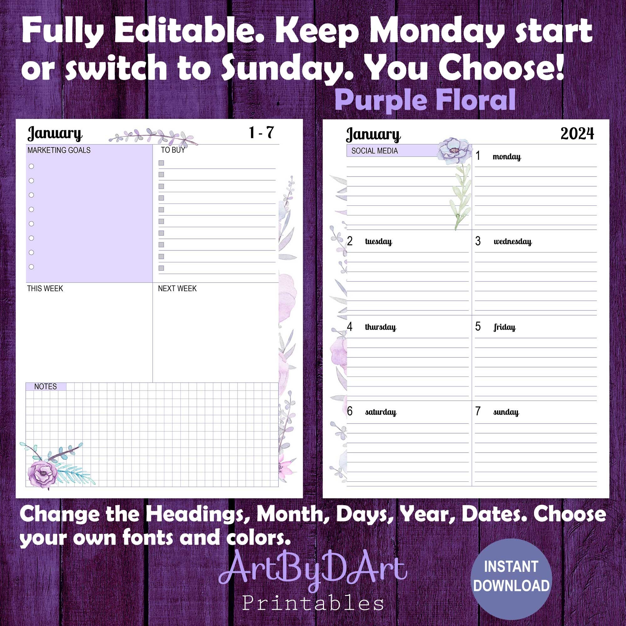 EDITABLE Floral Theme Printable Weekly Dashboard for A5, US Letter, and ...
