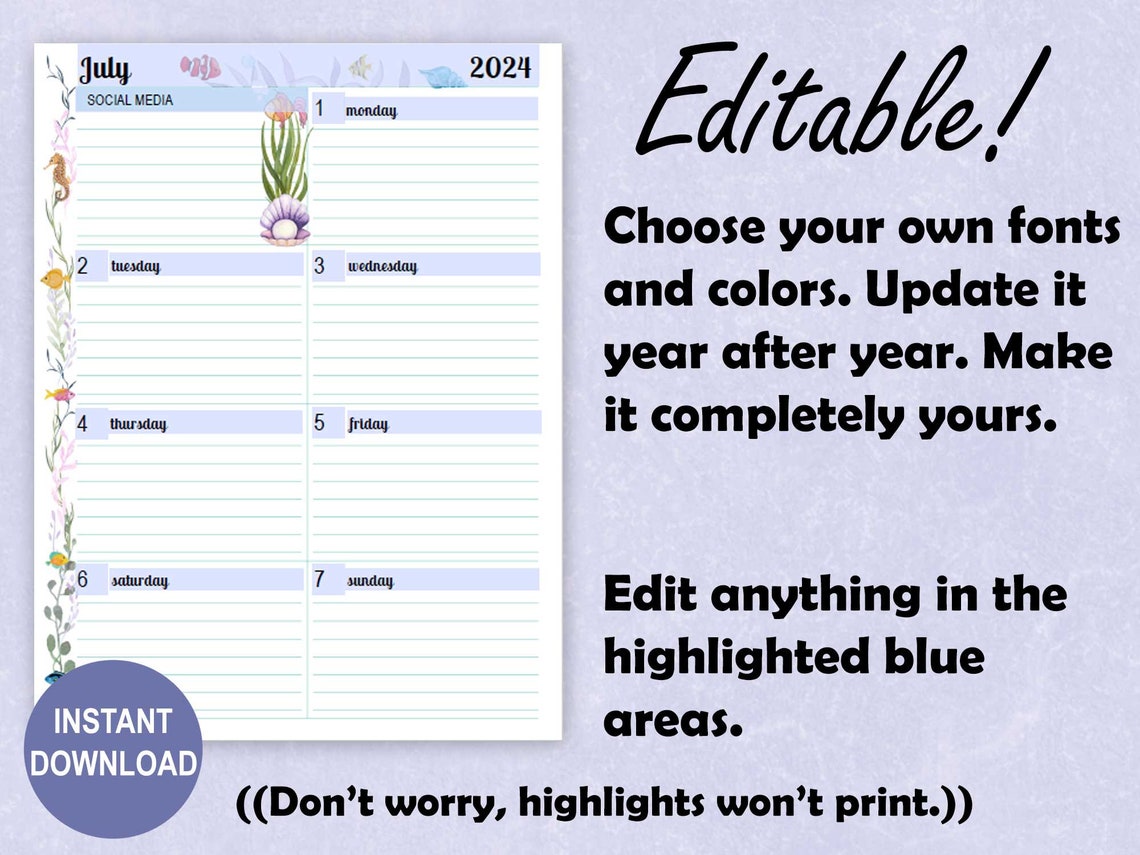 EDITABLE Mermaid Theme Printable Weekly Dashboard for A5, US Letter ...