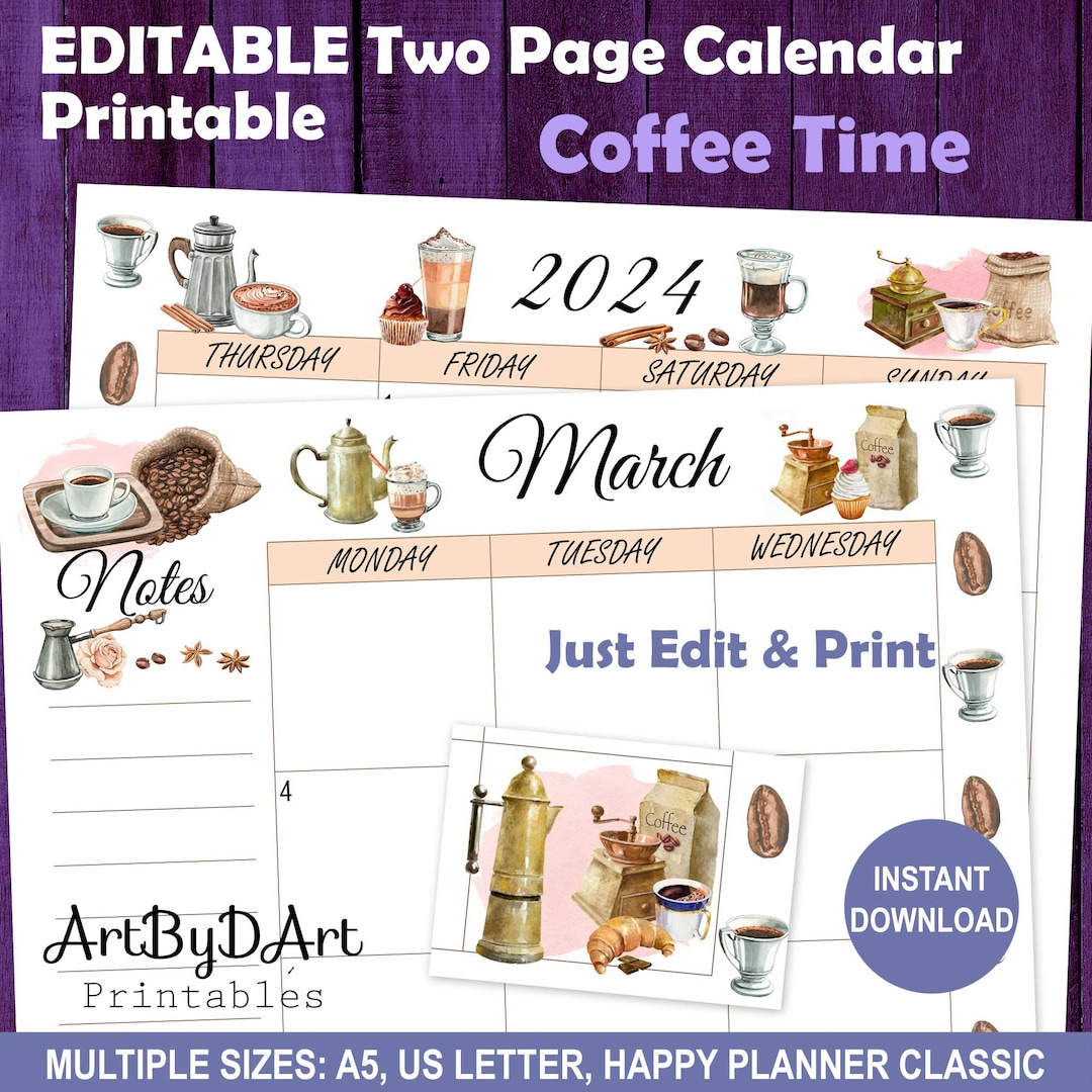EDITABLE Coffee Theme Printable Monthly Calendar for A5, US Letter, and ...