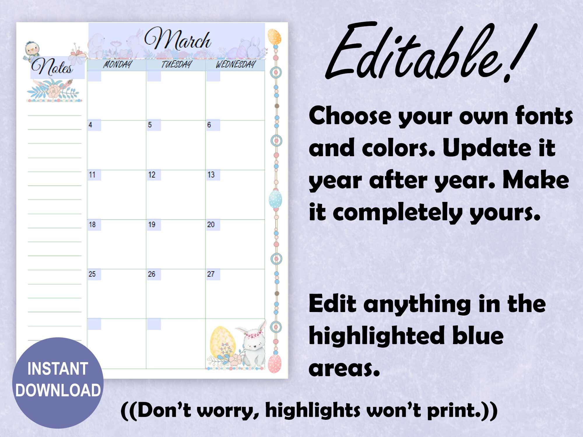 EDITABLE Easter Theme Printable Monthly Calendar for A5, US Letter, and ...
