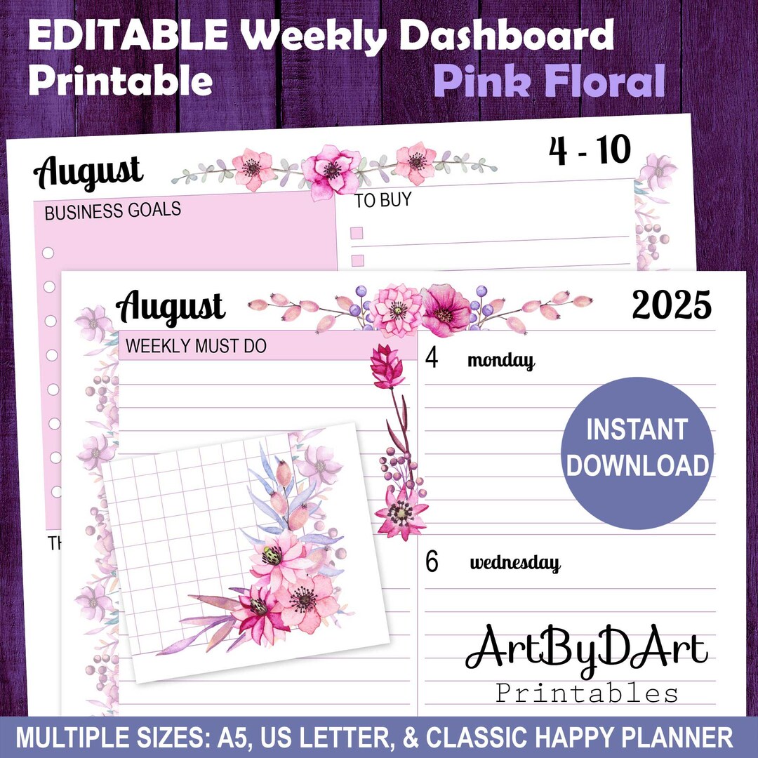 EDITABLE Floral Theme Printable Weekly Dashboard for A5, US Letter, and ...