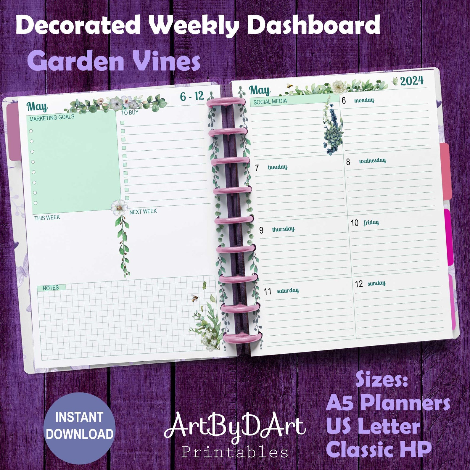 EDITABLE Plant Theme Printable Weekly Dashboard for A5, US Letter, and ...