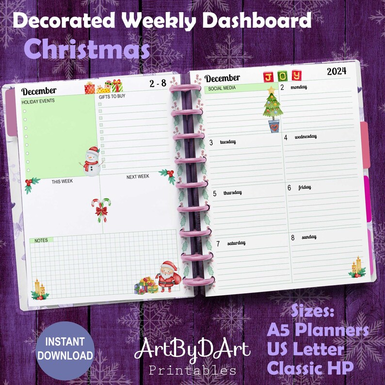 EDITABLE Festive Theme Printable Weekly Dashboard for A5, US Letter ...