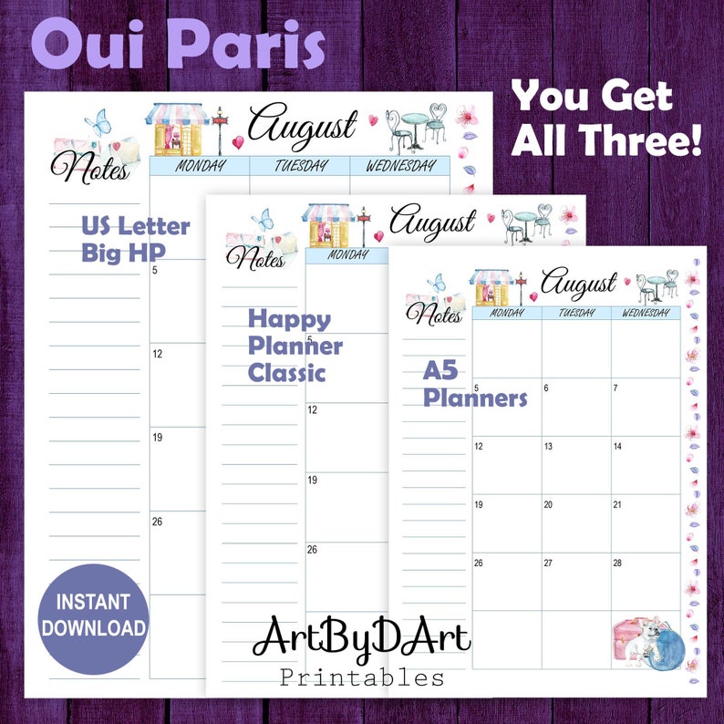 EDITABLE Parisian Theme Printable Monthly Calendar for A5, US Letter ...