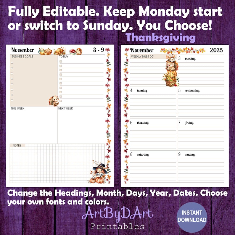 EDITABLE Thanksgiving Theme Printable Weekly Dashboard for A5, US ...