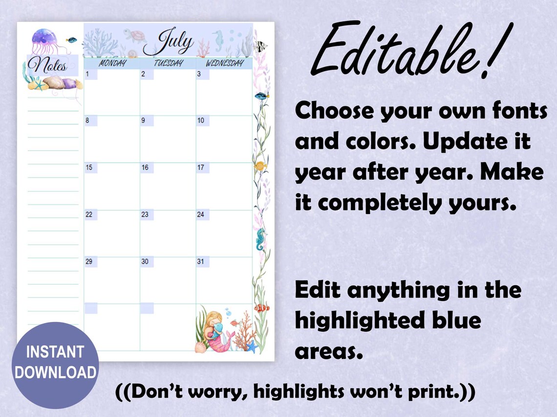 EDITABLE Mermaid Theme Printable Monthly Calendar for A5, US Letter ...
