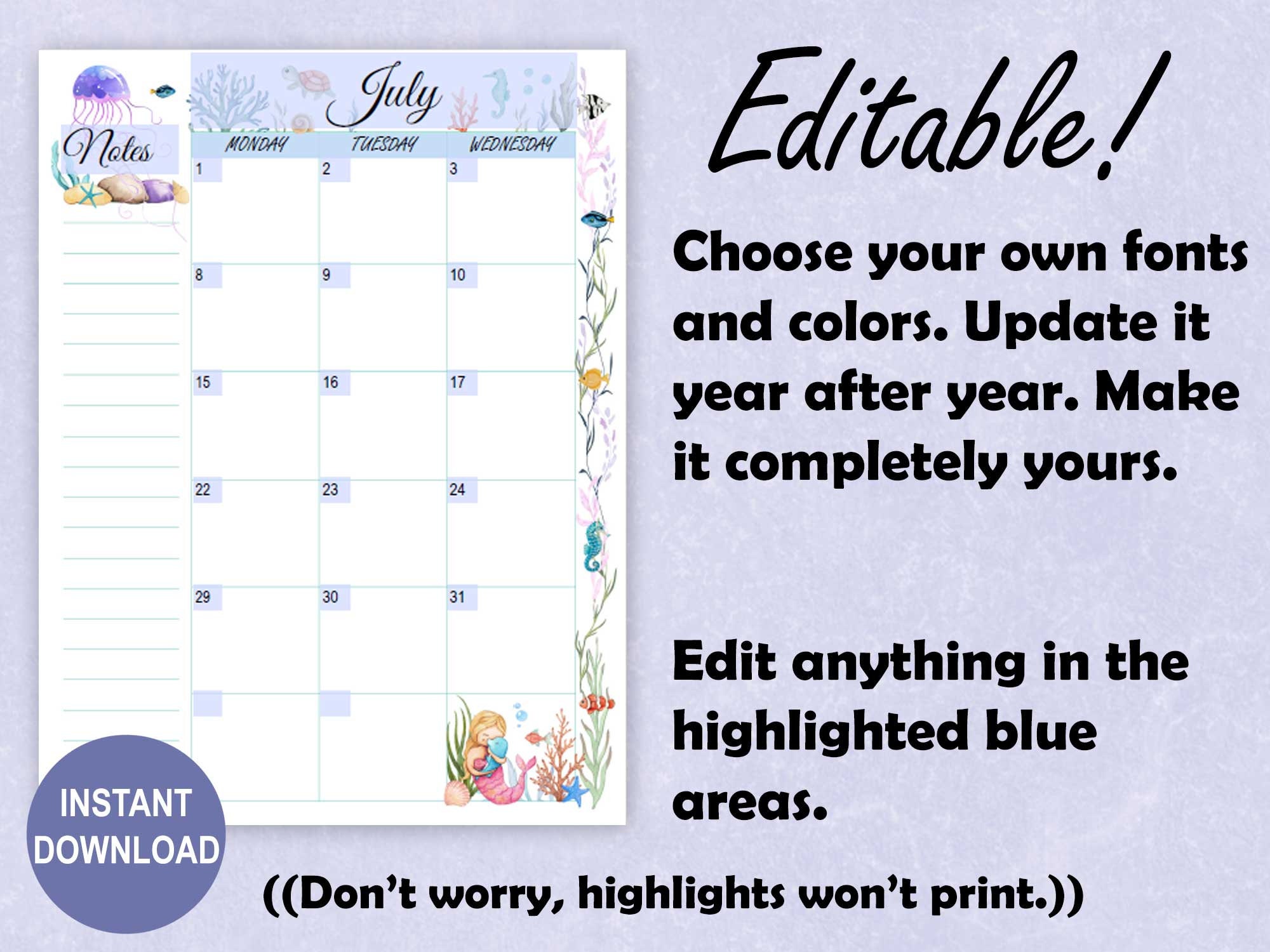 EDITABLE Mermaid Theme Printable Monthly Calendar for A5, US Letter ...