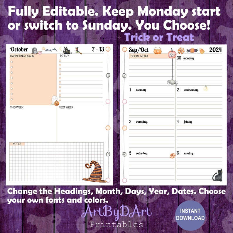 EDITABLE Halloween Theme Printable Weekly Dashboard for A5, US Letter ...