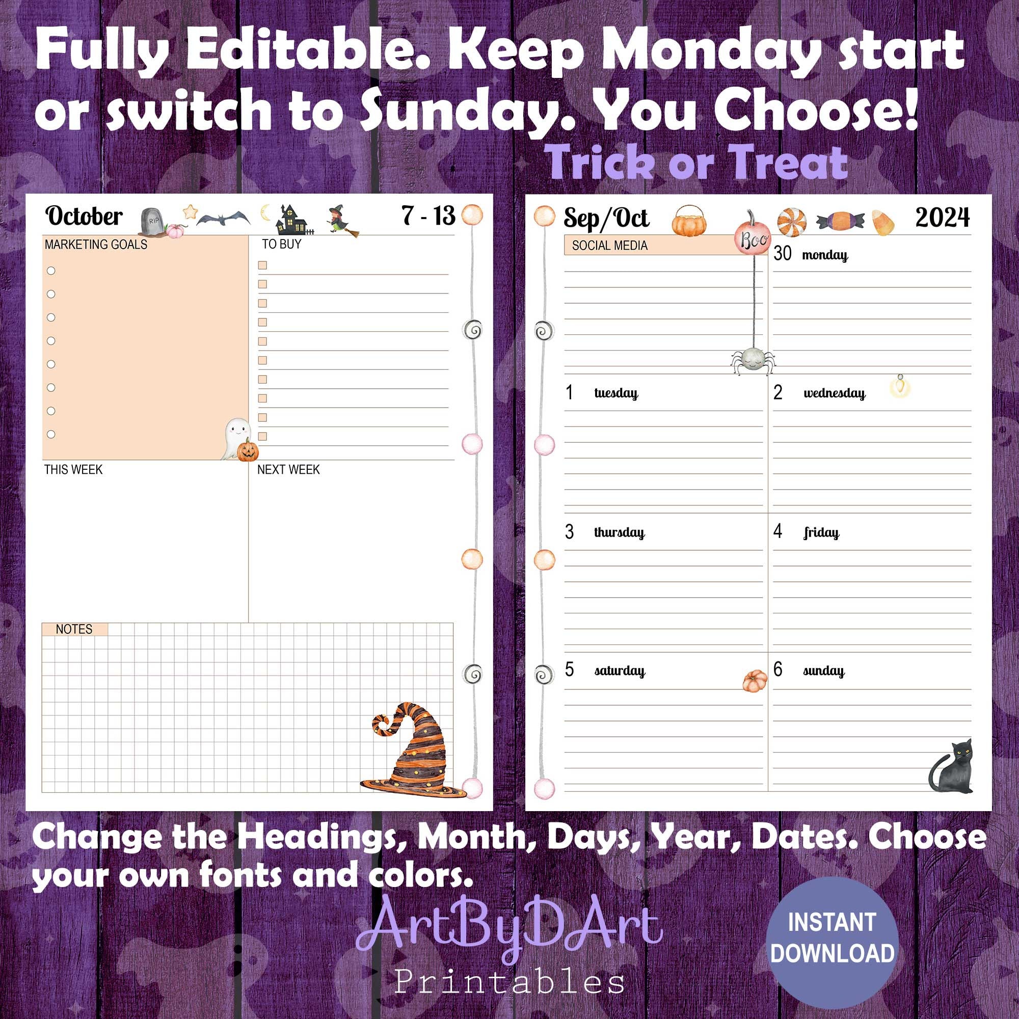 EDITABLE Halloween Theme Printable Weekly Dashboard for A5, US Letter ...