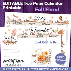 EDITABLE Autumn Theme Printable Monthly Calendar for A5, US Letter, and ...