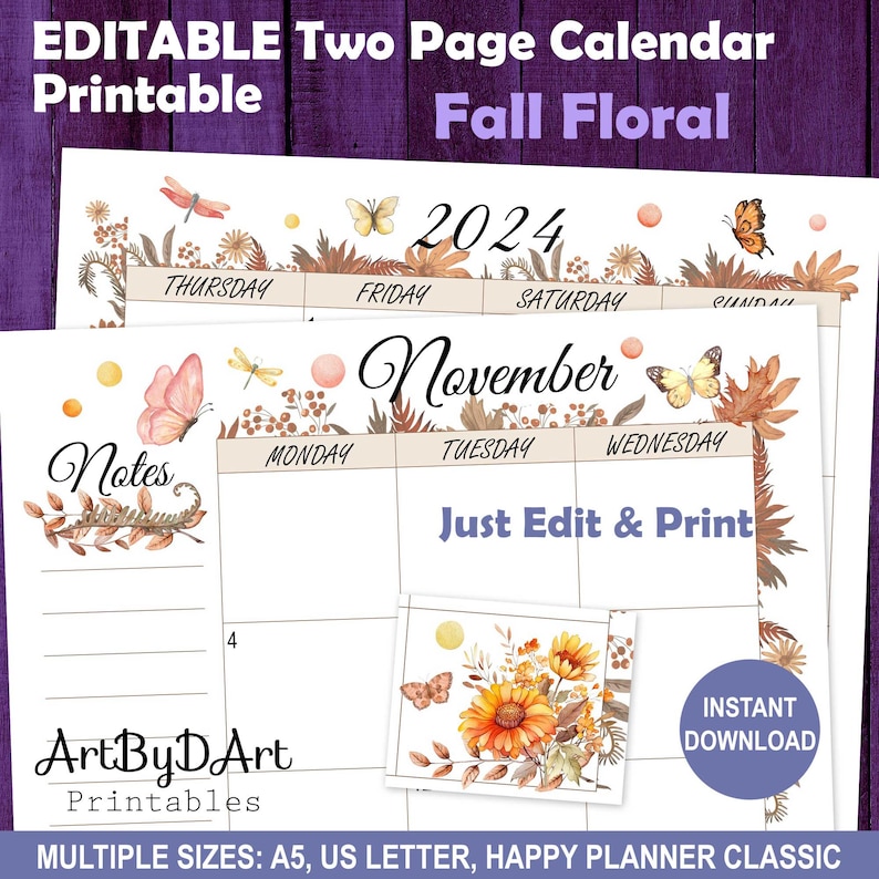 EDITABLE Autumn Theme Printable Monthly Calendar for A5, US Letter, and ...