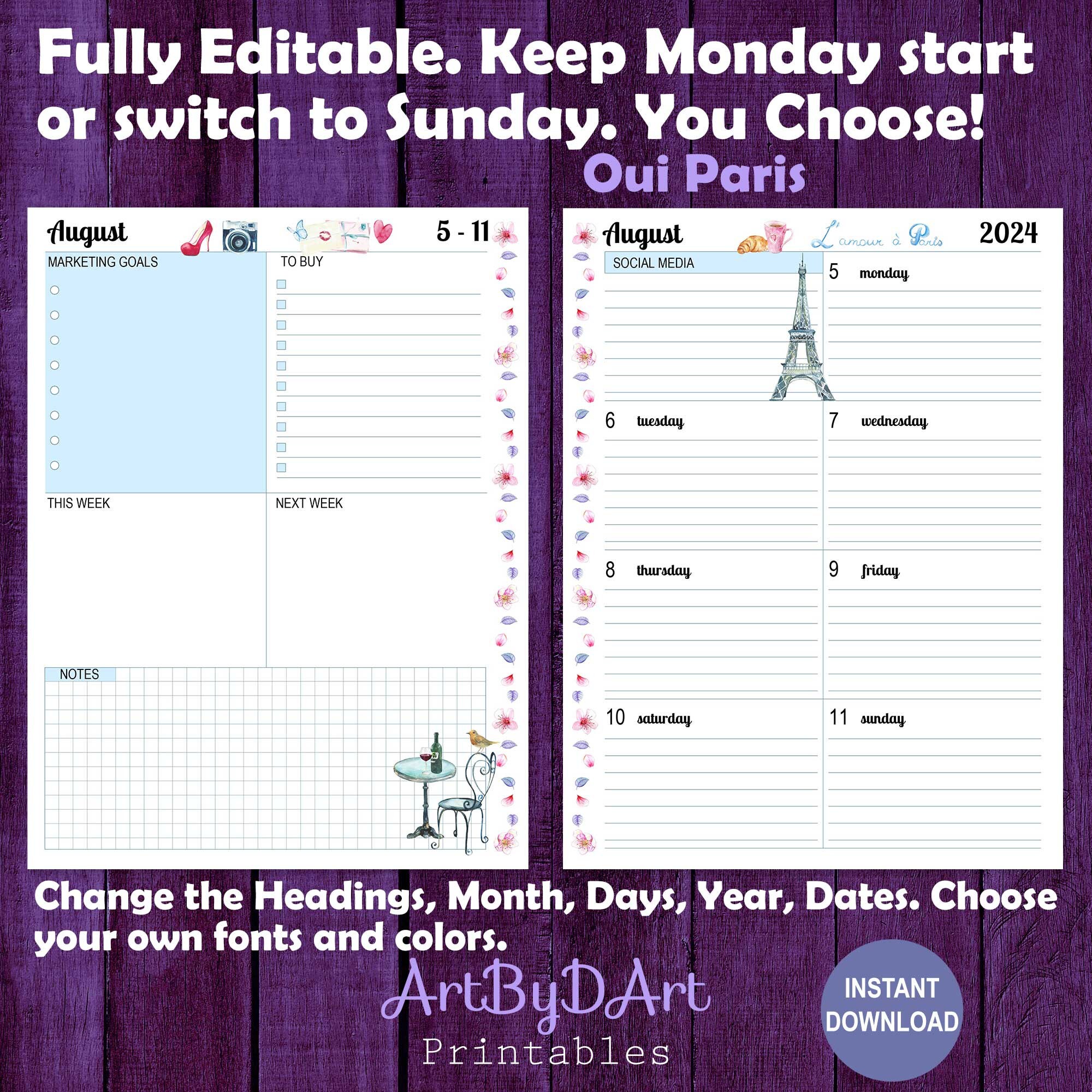 EDITABLE Parisian Theme Printable Weekly Dashboard for A5, US Letter ...