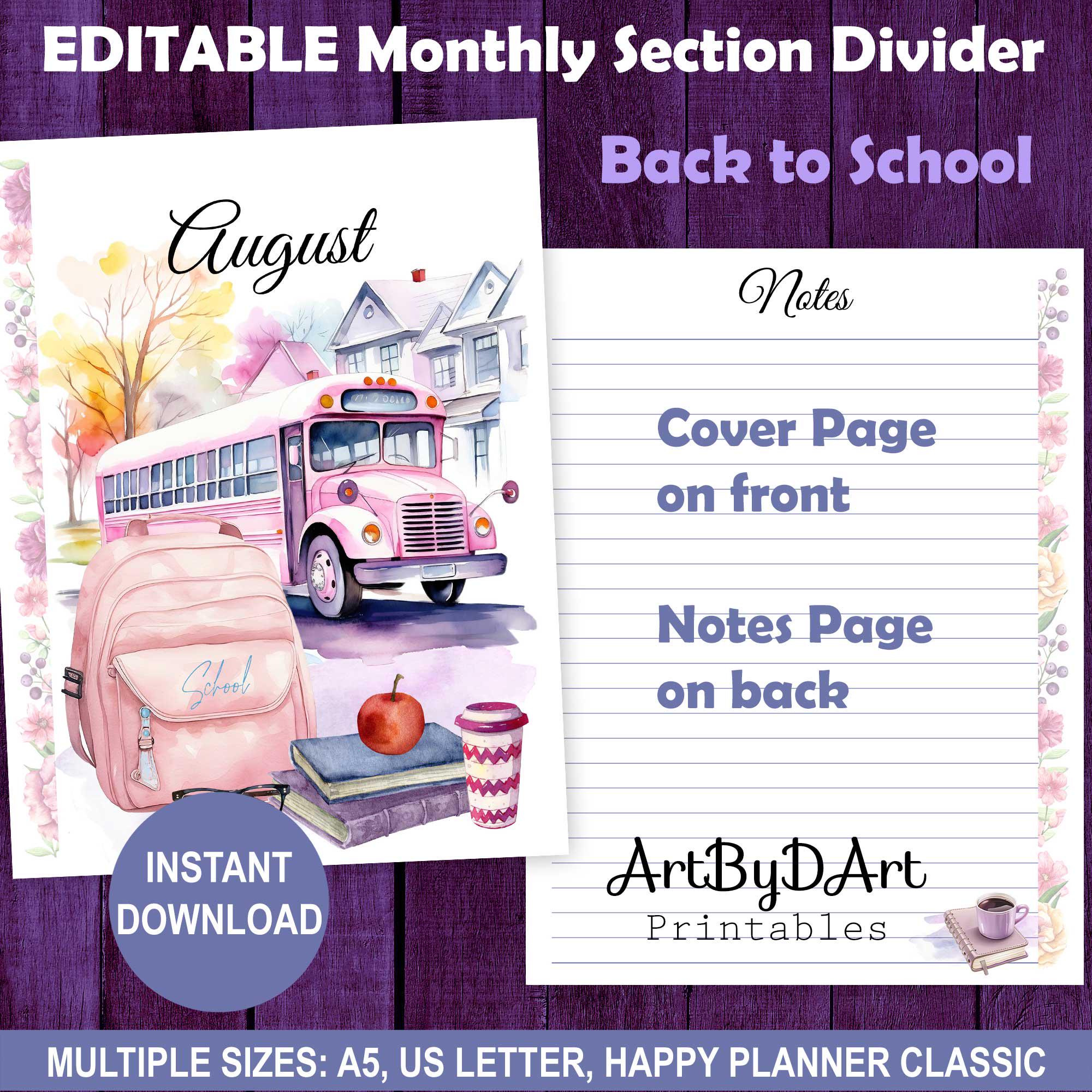 EDITABLE School Theme Printable Divider/cover & Notes for A5, US Letter ...