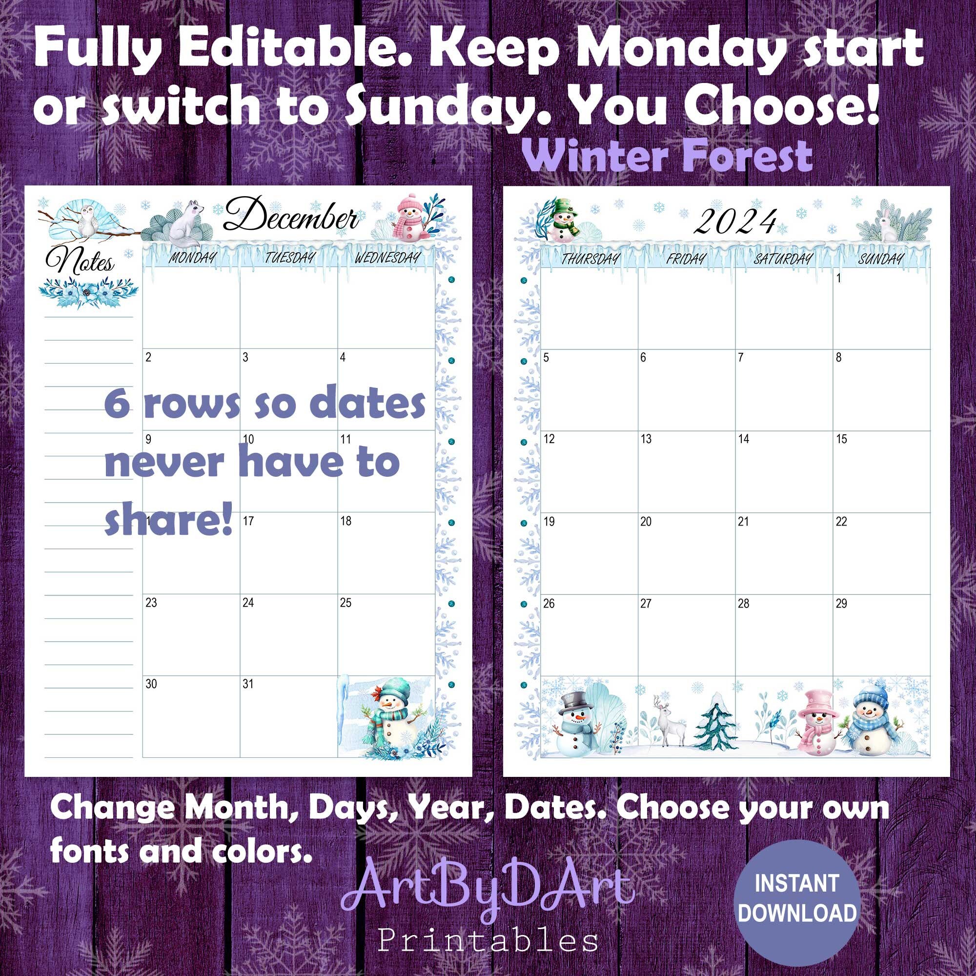 EDITABLE Winter Theme Printable Monthly Calendar for A5, US Letter, and ...