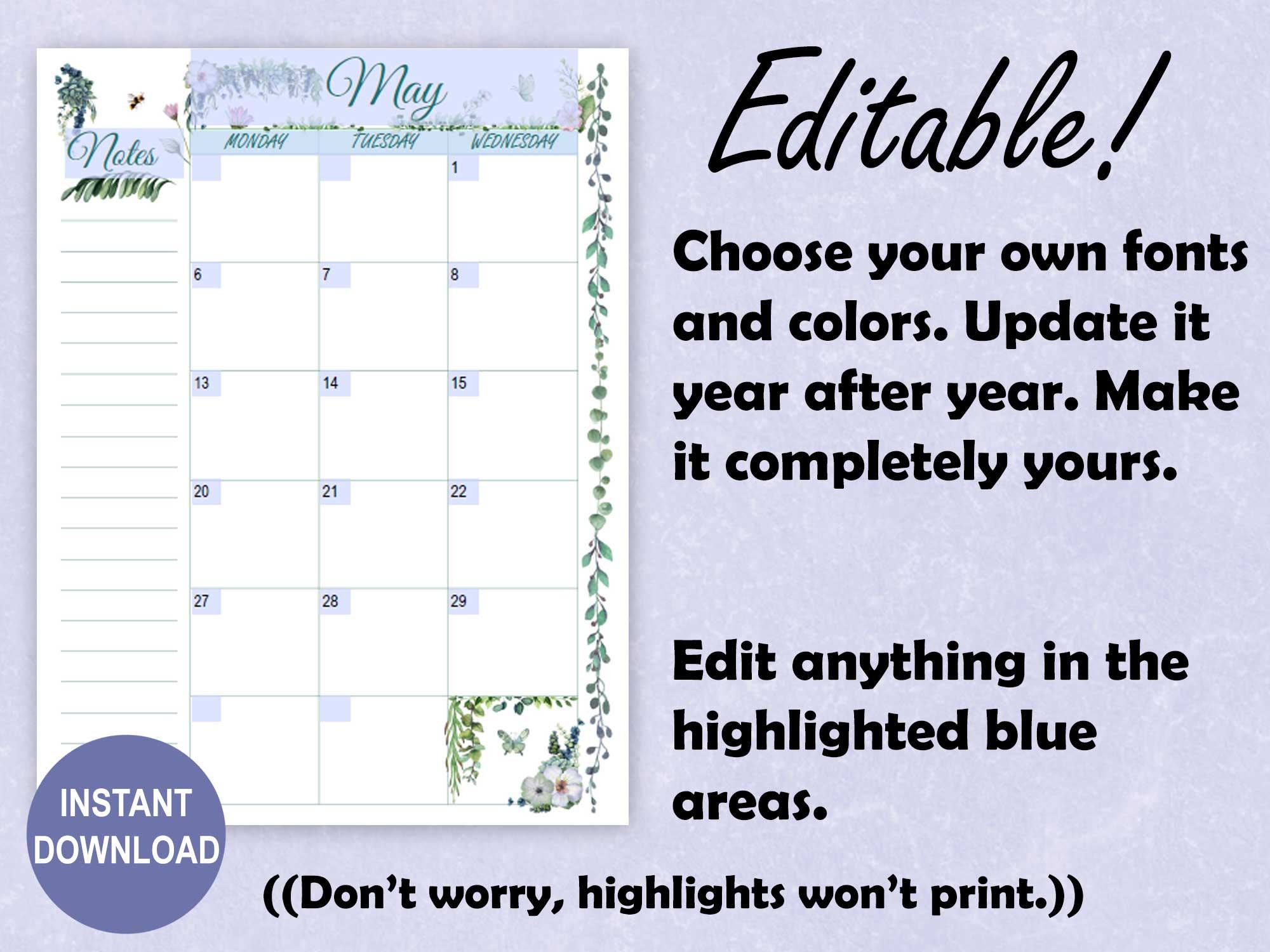 EDITABLE Plant Theme Printable Monthly Calendar for A5, US Letter, and ...