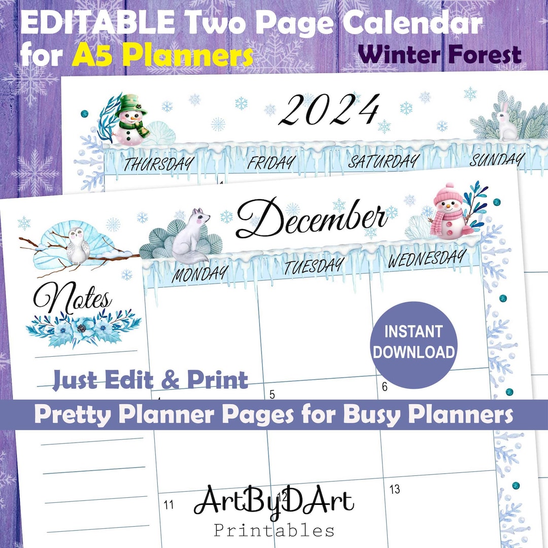 EDITABLE Monthly Calendar Printable for A5 Planners, Month on 2 Pages ...