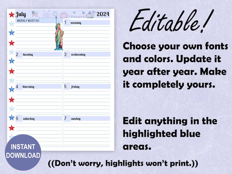 EDITABLE Fourth of July Theme Printable Weekly Dashboard for A5, US ...