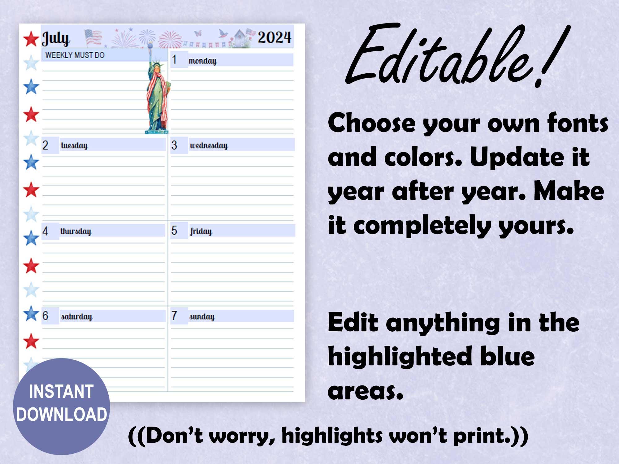 EDITABLE Fourth of July Theme Printable Weekly Dashboard for A5, US ...