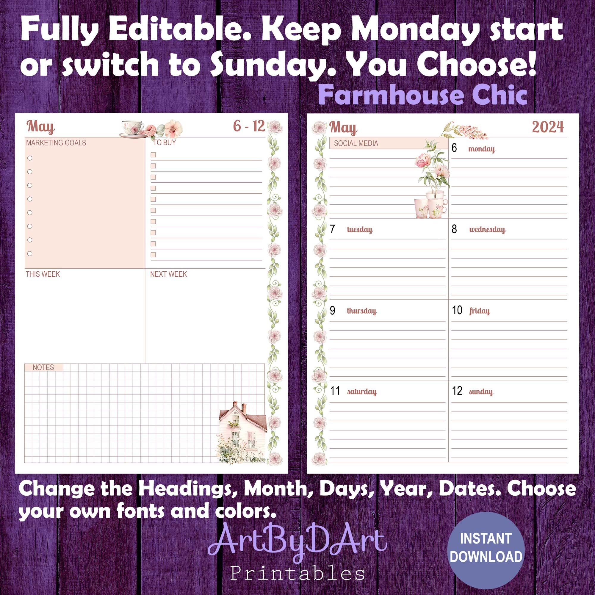 EDITABLE Shabby Chic Theme Printable Weekly Dashboard for A5, US Letter ...