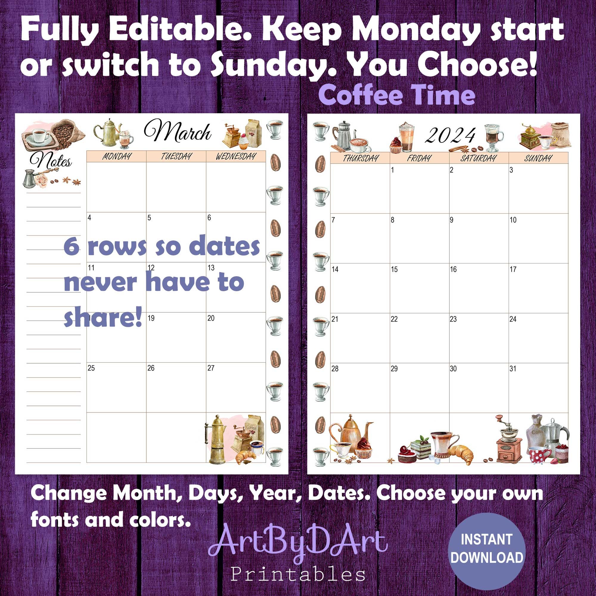 EDITABLE Coffee Theme Printable Monthly Calendar for A5, US Letter, and ...