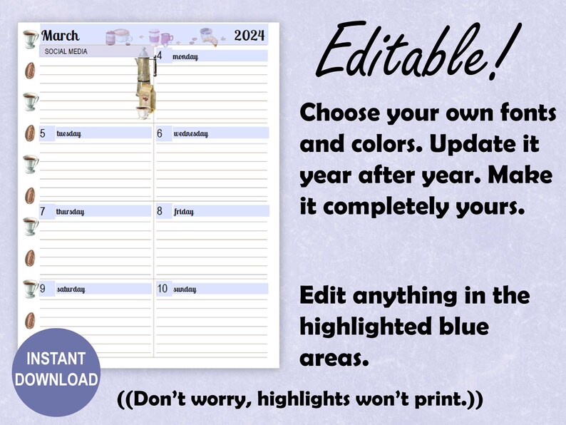 EDITABLE Coffee Theme Printable Weekly Dashboard for A5, US Letter, and ...