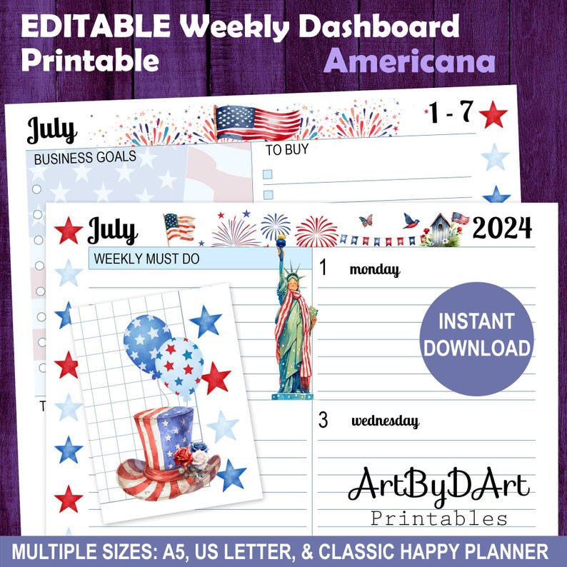 EDITABLE Fourth of July Theme Printable Weekly Dashboard for A5, US ...