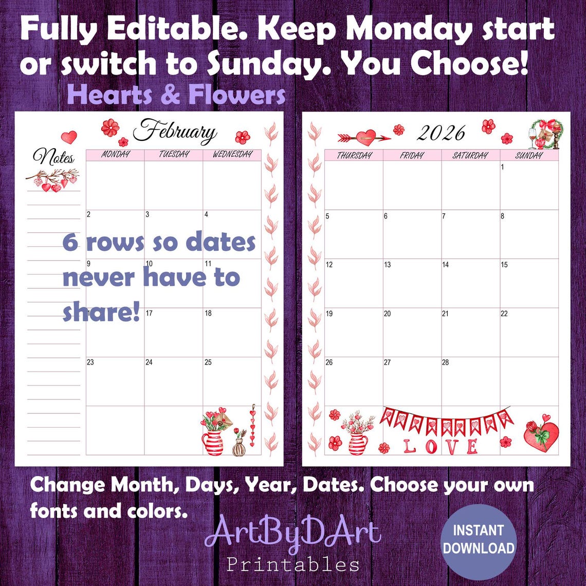 EDITABLE Valentine Theme Printable Monthly Calendar for A5, US Letter ...