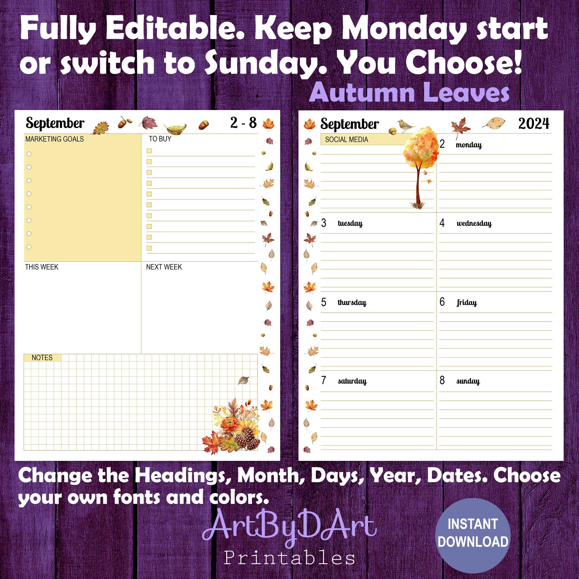 EDITABLE Fall Theme Printable Weekly Dashboard for A5, US Letter, and ...