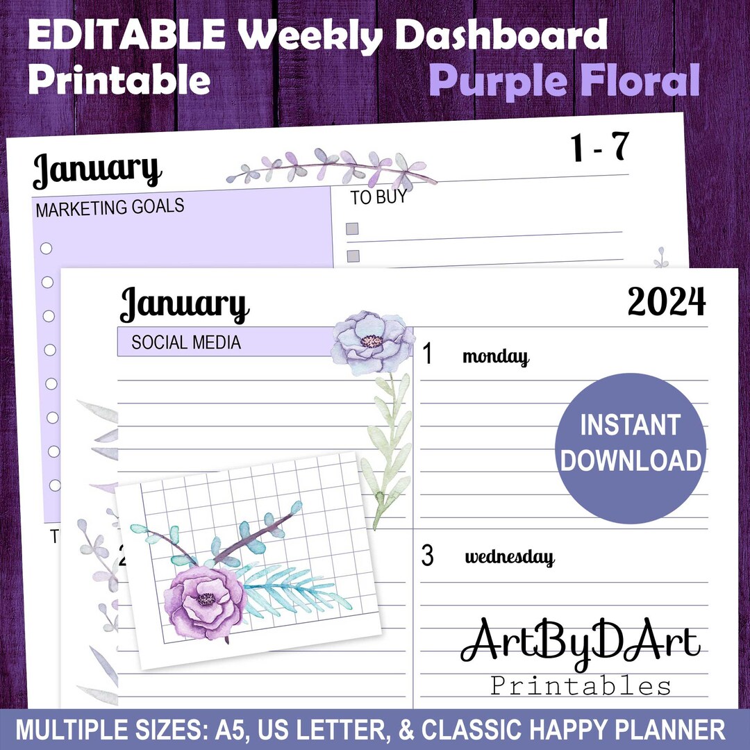 EDITABLE Floral Theme Printable Weekly Dashboard for A5, US Letter, and ...
