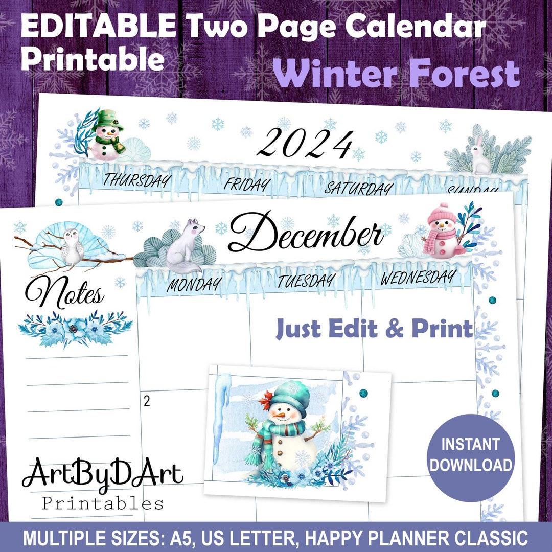 EDITABLE Winter Theme Printable Monthly Calendar for A5, US Letter, and ...