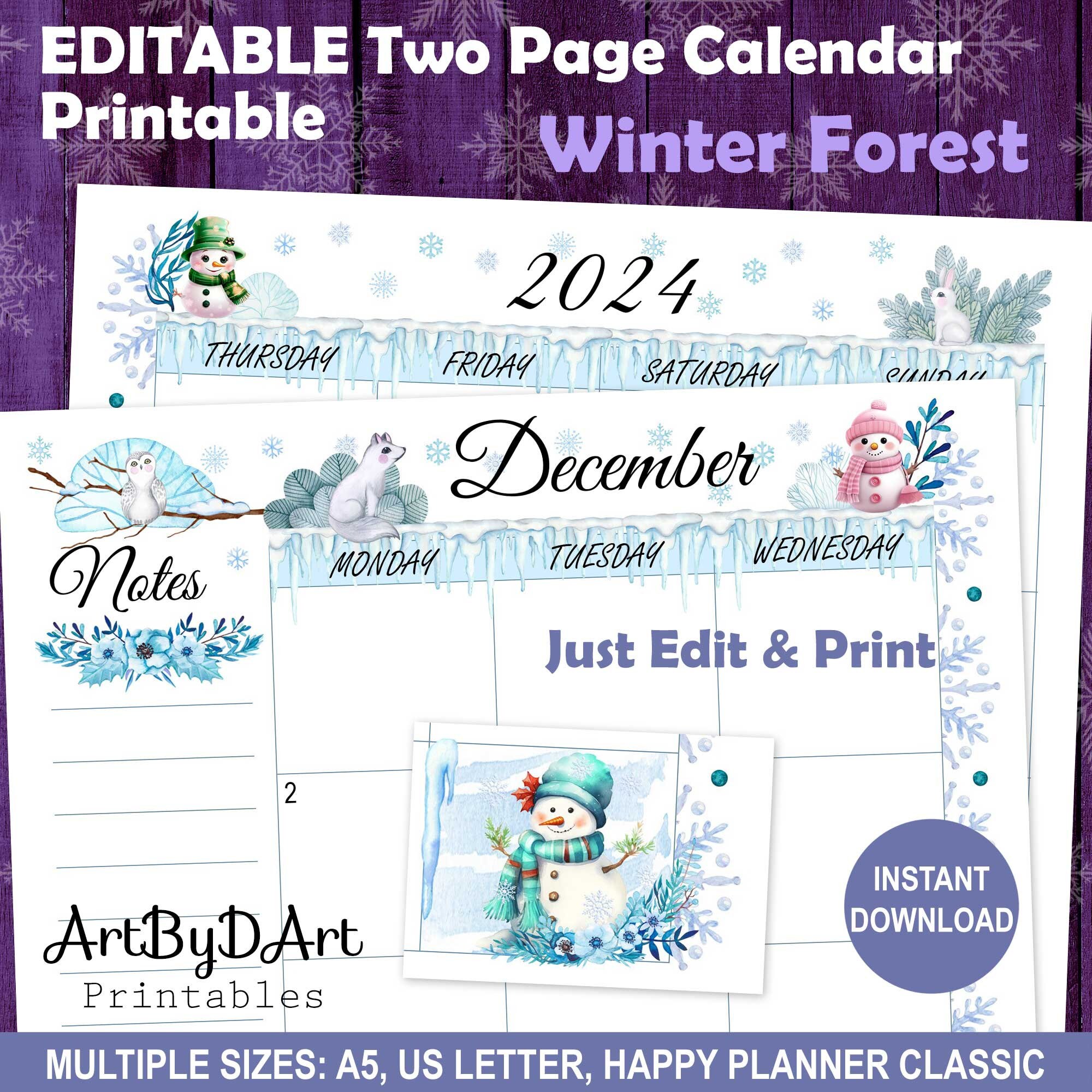 EDITABLE Winter Theme Printable Monthly Calendar for A5, US Letter, and ...