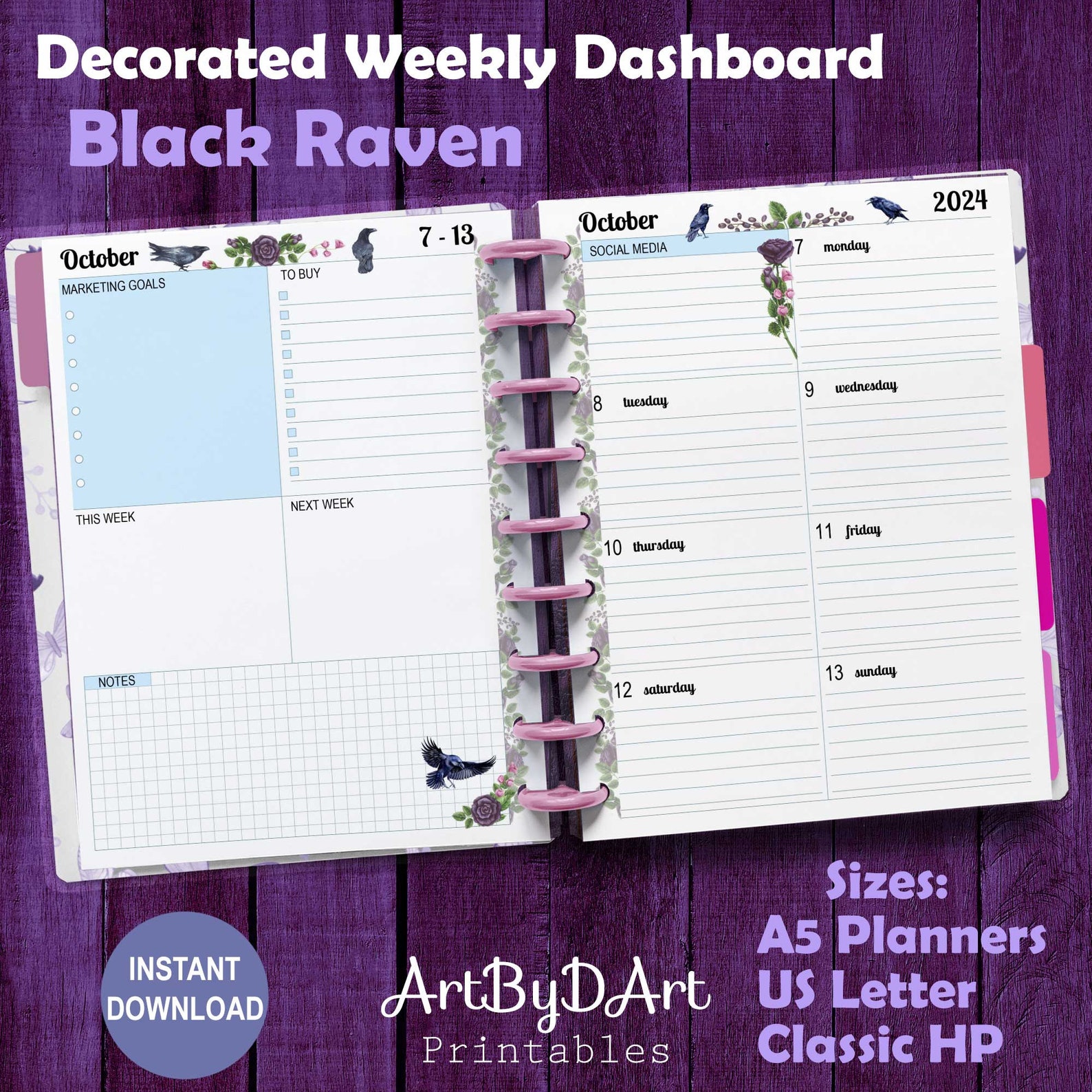 EDITABLE Gothic Theme Printable Weekly Dashboard for A5, US Letter, and ...