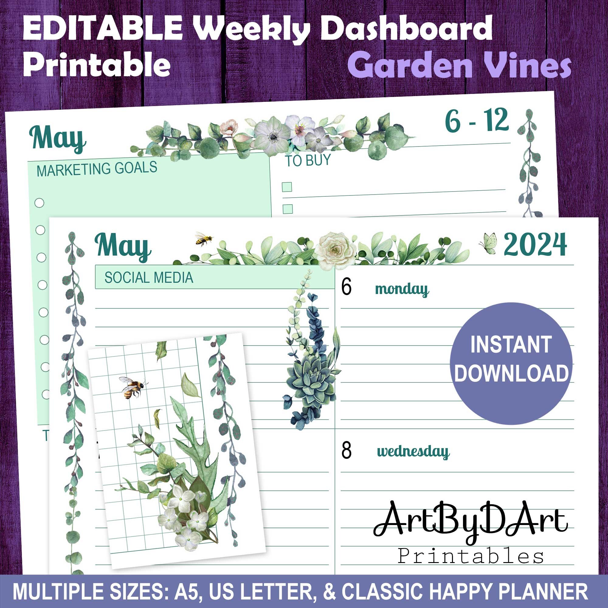 EDITABLE Plant Theme Printable Weekly Dashboard for A5, US Letter, and ...