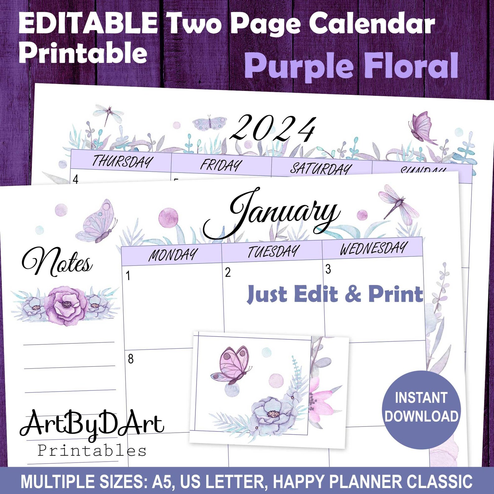 EDITABLE Floral Theme Printable Monthly Calendar for A5, US Letter, and ...