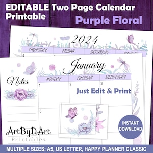 EDITABLE Floral Theme Printable Monthly Calendar for A5, US Letter, and ...