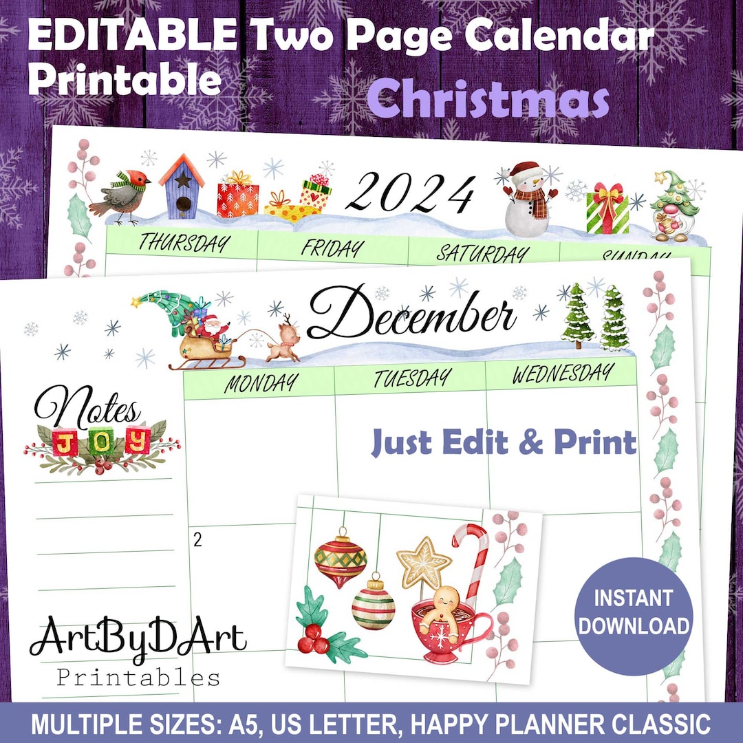 EDITABLE Festive Theme Printable Monthly Calendar for A5, US Letter ...