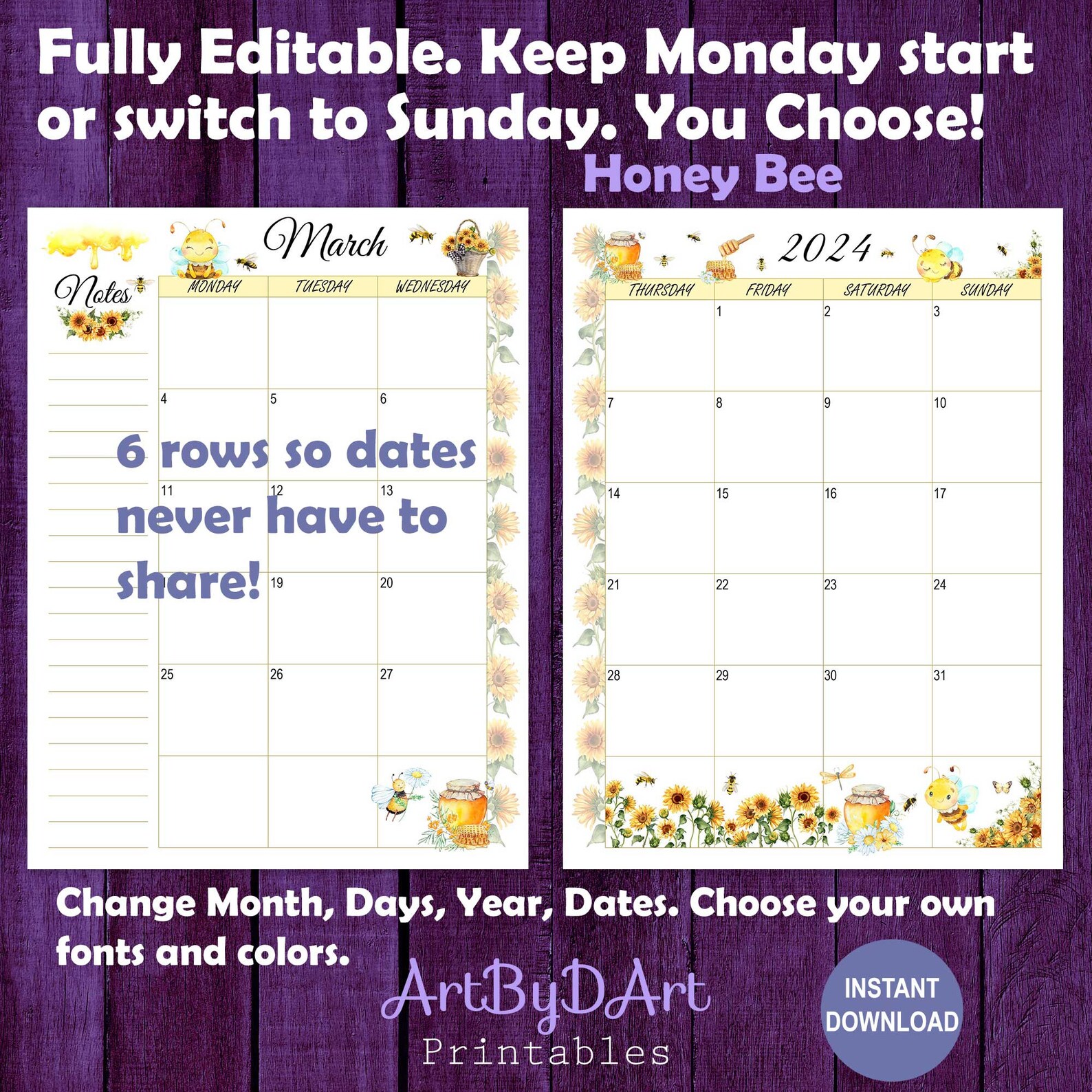 EDITABLE Sunflower Theme Printable Monthly Calendar for A5, US Letter ...