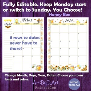 EDITABLE Sunflower Theme Printable Monthly Calendar for A5, US Letter ...