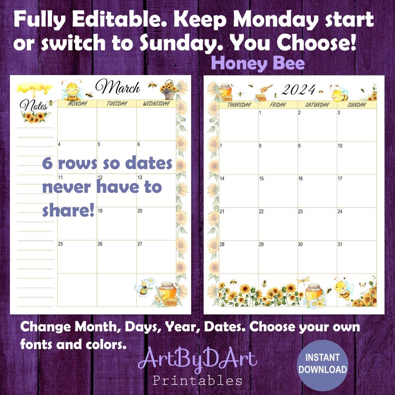 EDITABLE Sunflower Theme Printable Monthly Calendar for A5, US Letter ...