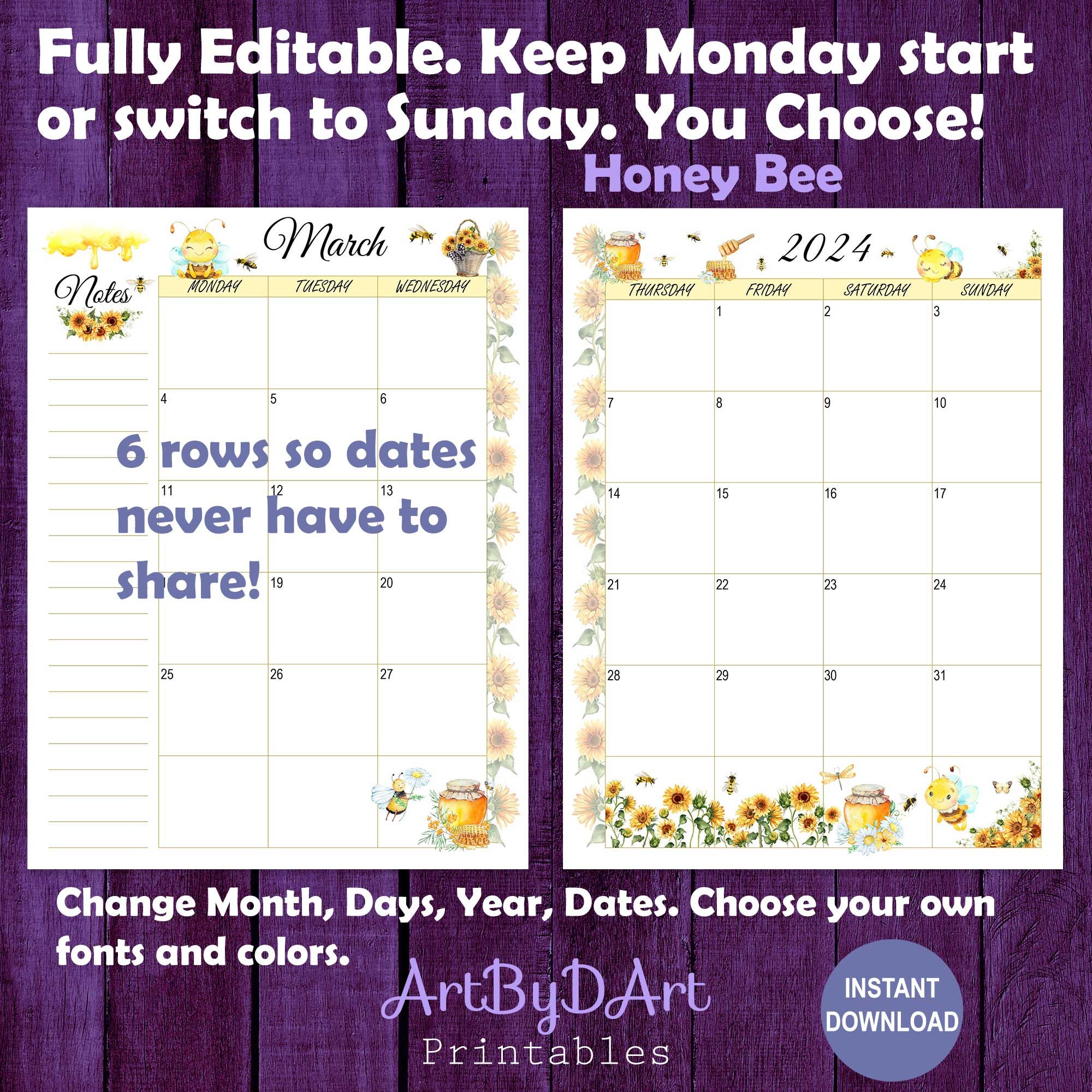 EDITABLE Sunflower Theme Printable Monthly Calendar for A5, US Letter ...