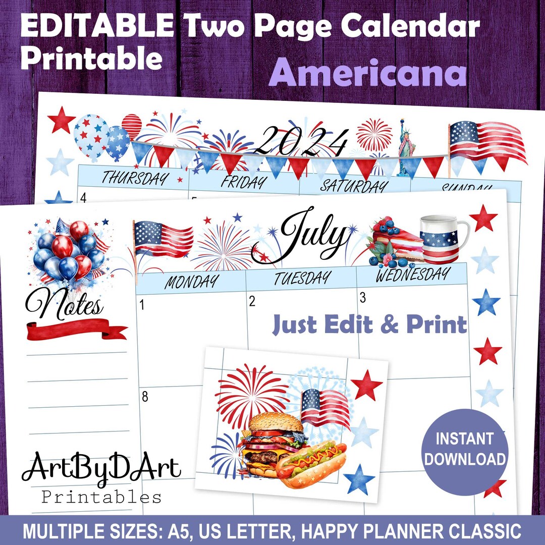 EDITABLE Fourth of July Theme Printable Monthly Calendar for A5, US ...