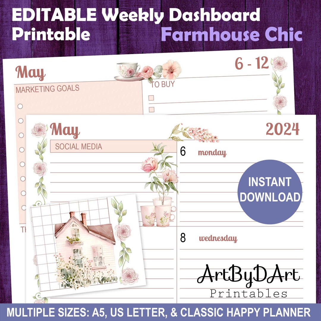 EDITABLE Shabby Chic Theme Printable Weekly Dashboard for A5, US Letter ...